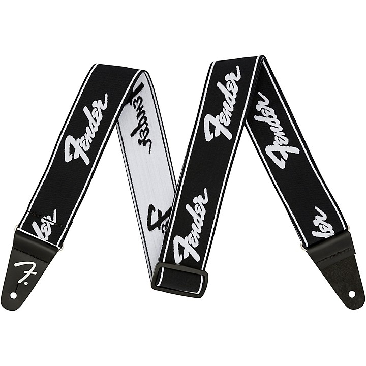 Fender WeighLess 2" Running Logo Strap Black and White 2 in. | Guitar ...