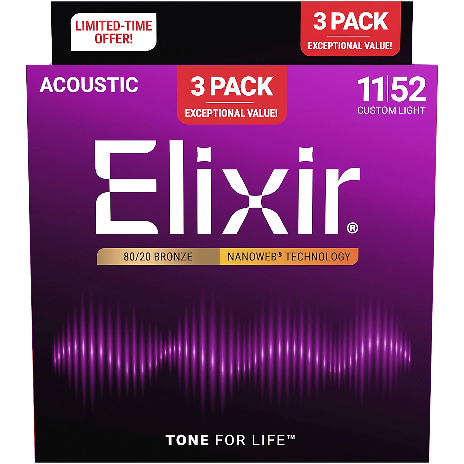 Elixir Bonus Pack 80 20 Bronze Custom Light Acoustic Guitar Strings