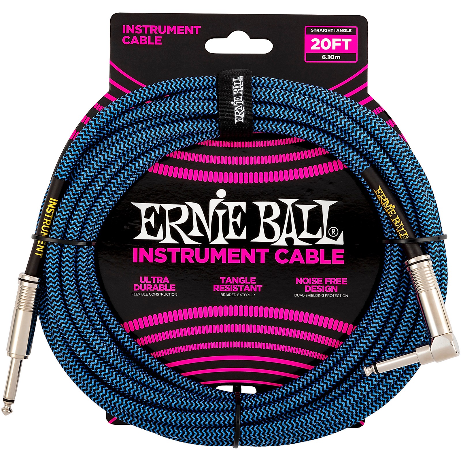 Ernie Ball 20' Braided Straight Angle Instrument Cable 20 ft. Black ...