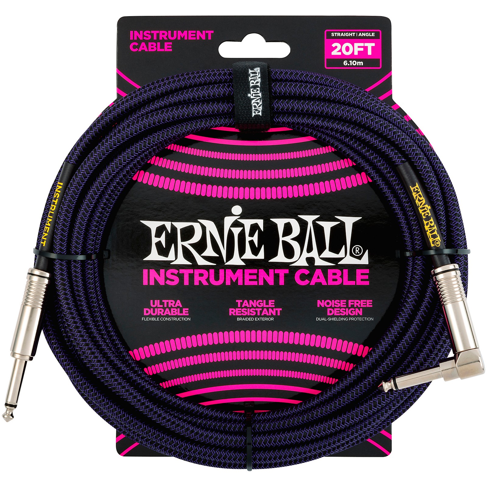 Ernie Ball Braided Straight to Angle Instrument Cable 20 ft. Neon ...