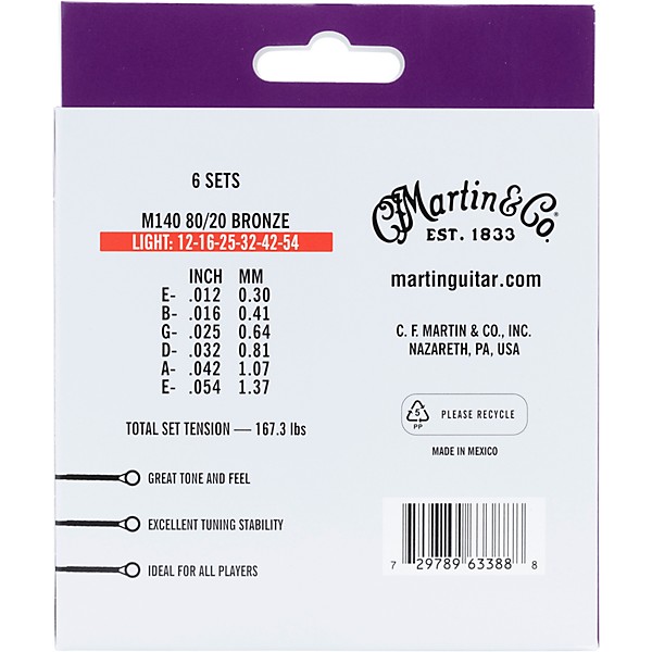 Martin Originals 80/20 Bronze Acoustic Guitar Strings Light 12 Pack ...