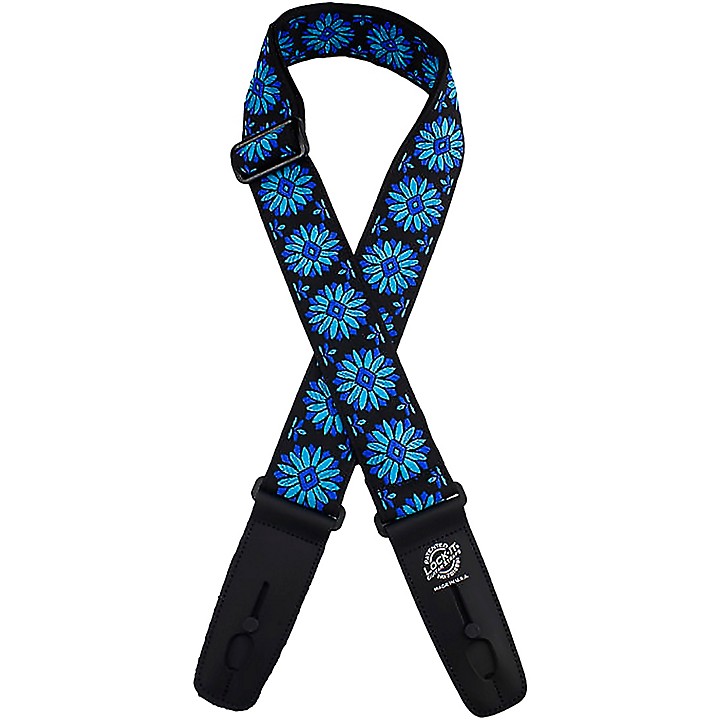 Lock-It Straps Jacquard 2" Locking Guitar Strap Black with Blue Flowers ...